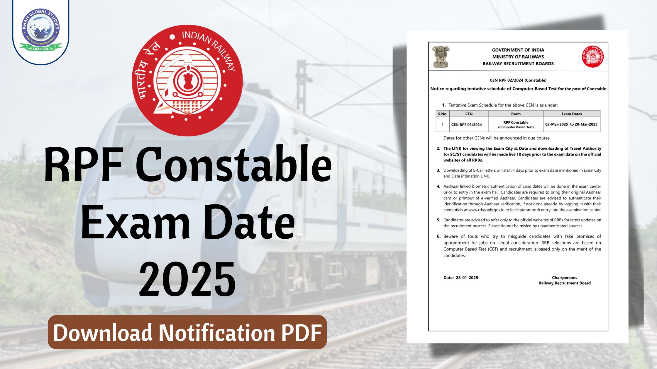 RPF Constable Exam Date 2025 Released @rrbcdg.gov.in | Khan Global ...